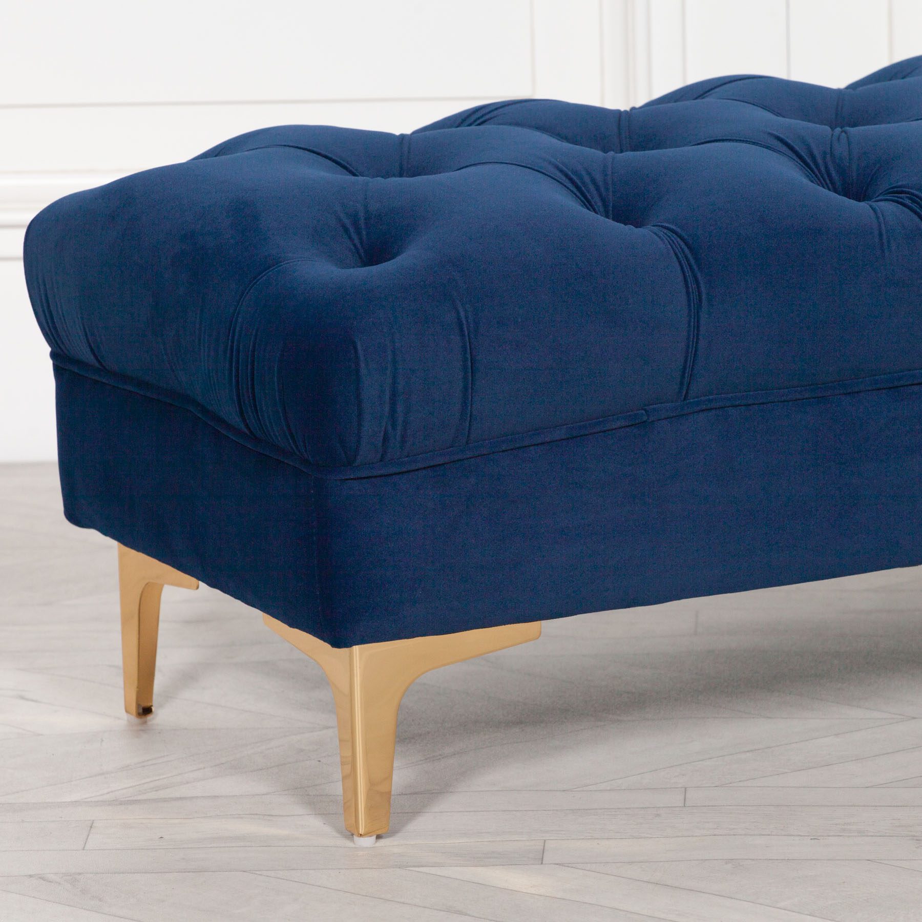 Blue Velvet Buttoned Ottoman Stool - Glasstone Furniture